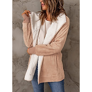 Dokotoo Womens Winter Warm Long Sleeve Open Front Fleece Jacket Stand Collar Sherpa Lined Outerwear Fashion Thicken Coats Jackets for Women 2024,L,Apricot