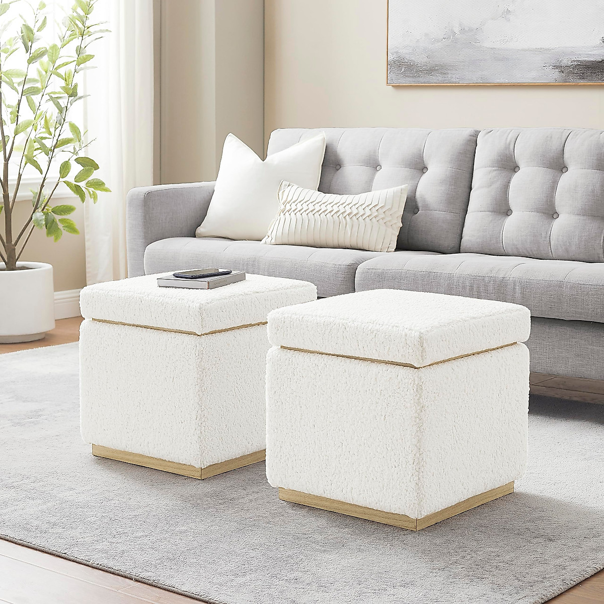 Linon Cream Lexington Sherpa Upholstered Square Storage Ottoman with Natural Wood Accent