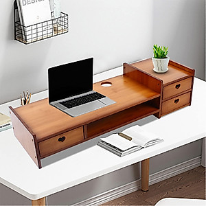 DNYSYSJ Computer Monitor Stand,27L*9W*7H,Laptop Stand Shelf w/2 Drawer,Bamboo Computer Riser,Office Desktop Laptop Support Shelf Organizer for PC Screen/TV Stand