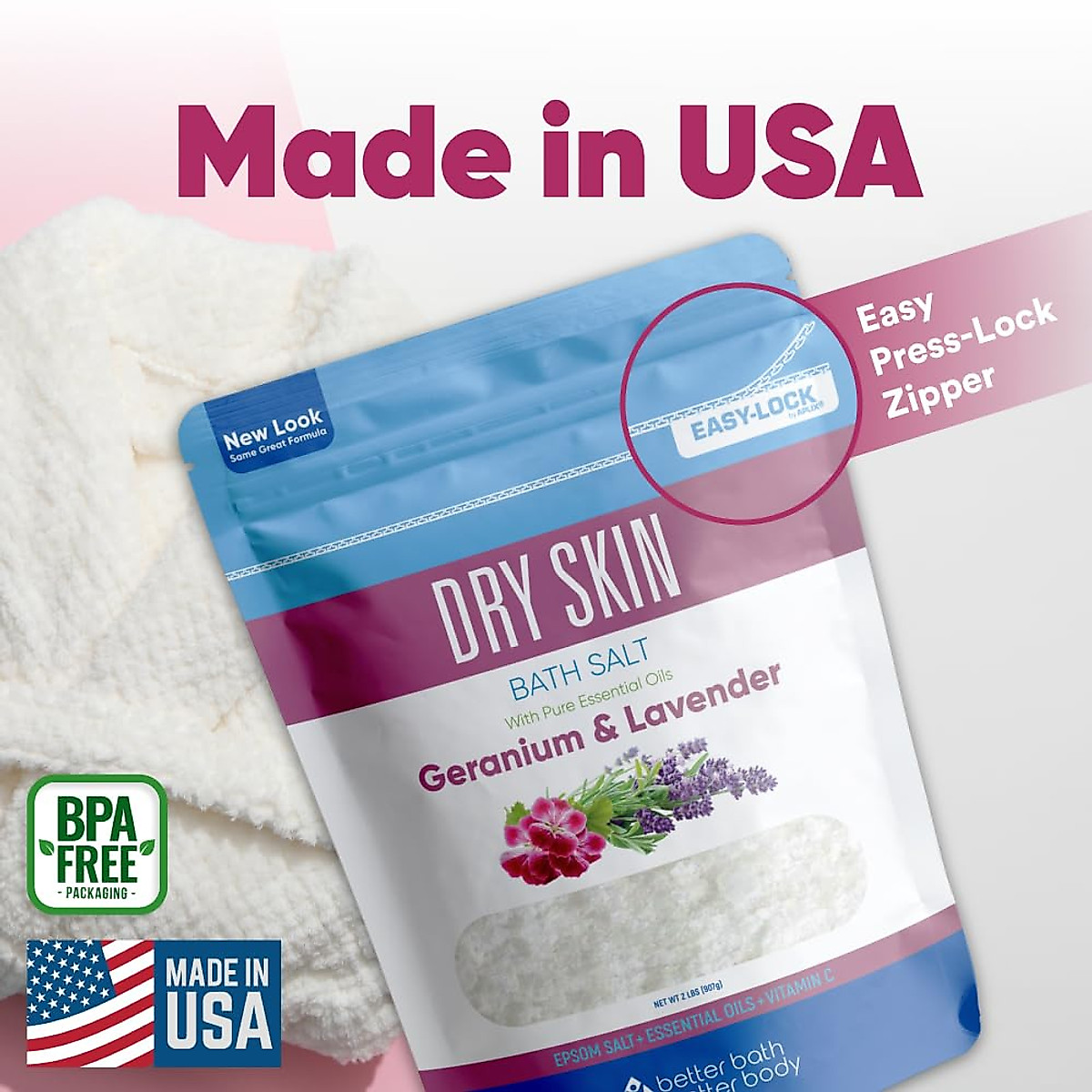 Dry Skin Bath Salt 32 Ounces (2 Lbs) Epsom Salt with Natural Geranium and Lavender Essential Oils Plus Vitamin C in BPA Free Pouch with Easy Press Lock Seal Made in USA