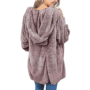 Zilcremo Women Hooded Cardigan Fuzzy Jacket Winter Open Front Fleece Coat Outwear with Pockets Purplish Brown XL