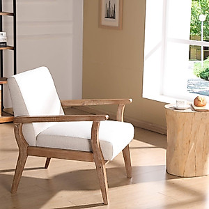 CIMOO Beige Accent Chair Mid Century Modern Armchair Wood Sitting Chair Linen Fabric Upholstered Side Chair Comfortable Chair for Living Room Bedroom Cream