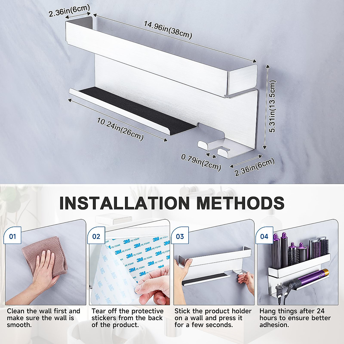 YAYINLI Blow Dryer Holder Wall Mounted Hair Dryer Holder, Blow Dryer and Curling Iron Holder for 7 in 1 Styler Attachments, Stainless Steel Straightener Holder, Bathroom Hair Tools Organizer Storage