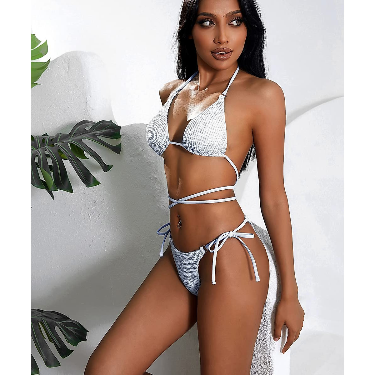 YIMISAN Sexy Two Piece Swimsuit fo Women Sexy Swimwear Halter String Triangle Thong Bikini Sets White