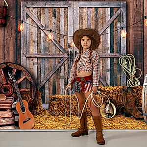 Moukeren Western Party Backdrop Western Cowboy Party Decoration Supply Wild West Decor Wooden House Barn Photo Background for Kids Children Boy Baby Photo Birthday Banner Rustic Booth(6.6 x 9.2 Ft)