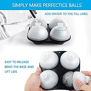 Whiskey Ice Ball Mold, HONYAO Ice Ball Maker Mold 100% Silicone Round Sphere Ice Cube Tray with Clear Individual Lid, 2.4in Large Spherical Ice Ball Molds for Cocktails Bourbon Rum - 4 Iceballs