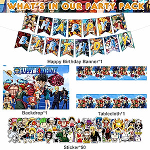 176Pcs One Piece Birthday Party Supplies, Anmie Birthday Party Decorations for 12 Guests, Include Happy Birthday Banner, Backdrop, Tableware Set, Tablecover, Cake Toppers, Balloons Set and Stickers