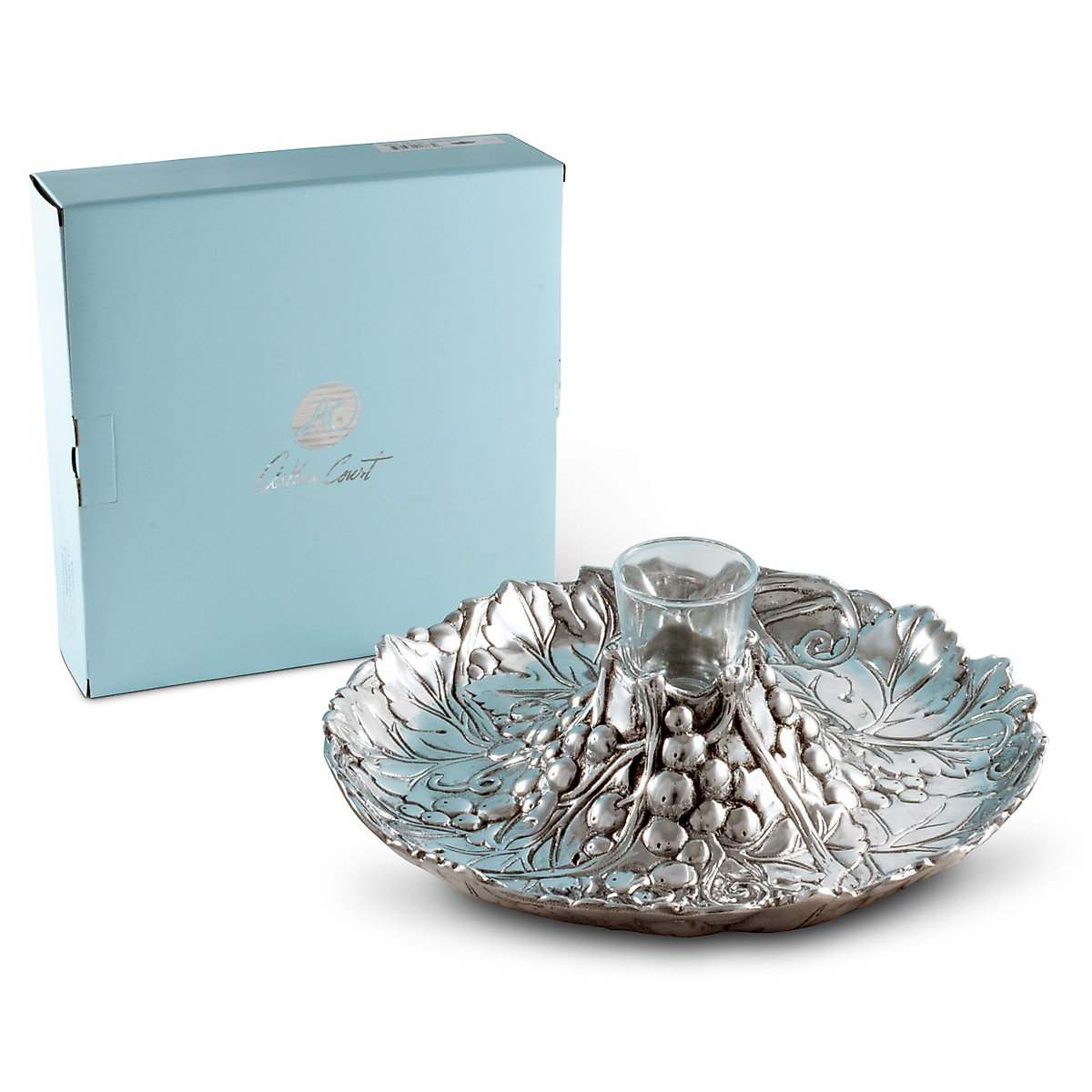 Arthur Court Aluminum Metal Grape Pattern Tidbit Cheese Hors d'oeuvres Tray with Glass for Toothpick - Entertaining Small Platter 10 inch Diameter x 2.25 inch Tall