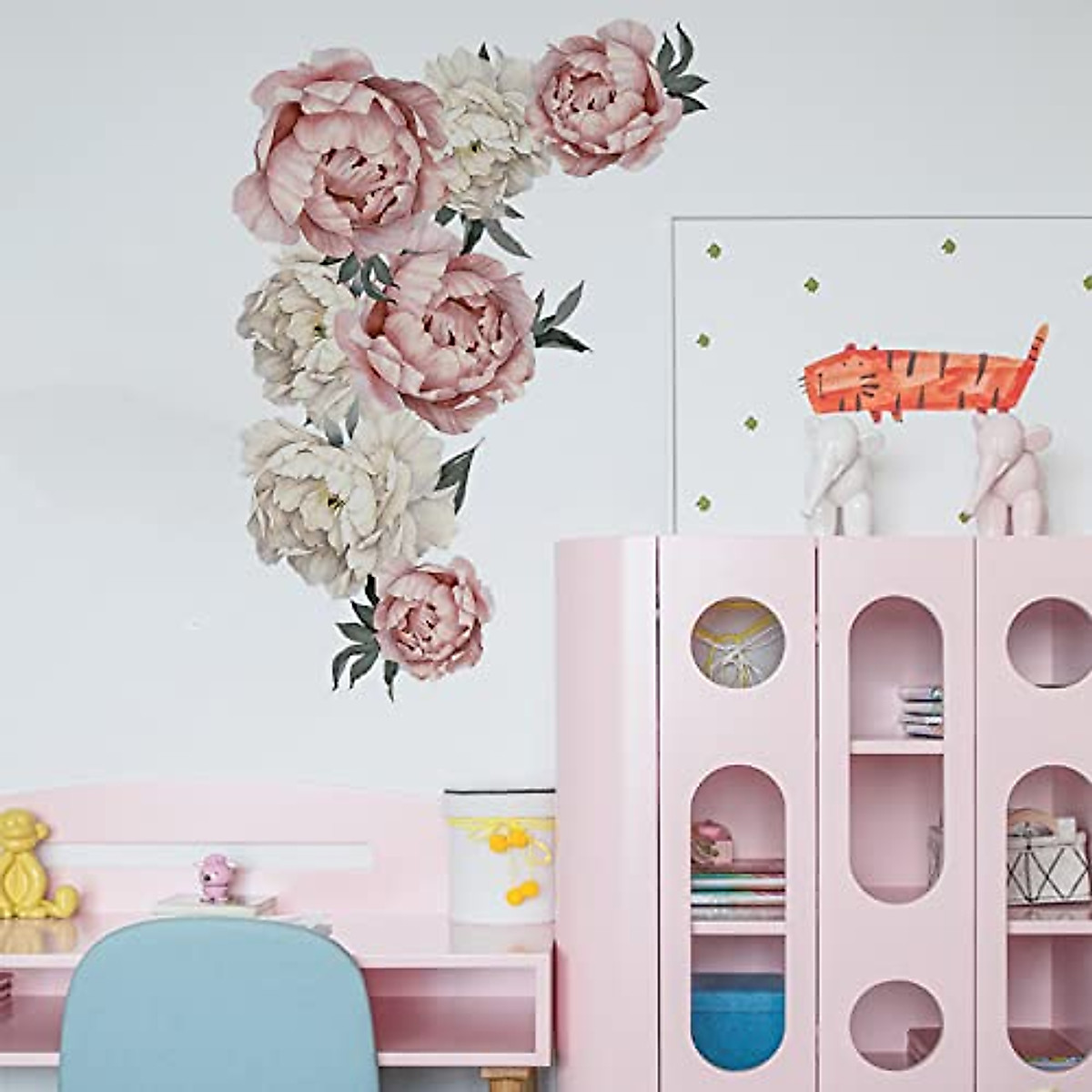 Flowers Wall Decals Floral Wall Stickers Peel and Stick Pink Peonies Wall Murals Rose Flower Wall Decor for Bedroom Girls Room Living Room Nursery