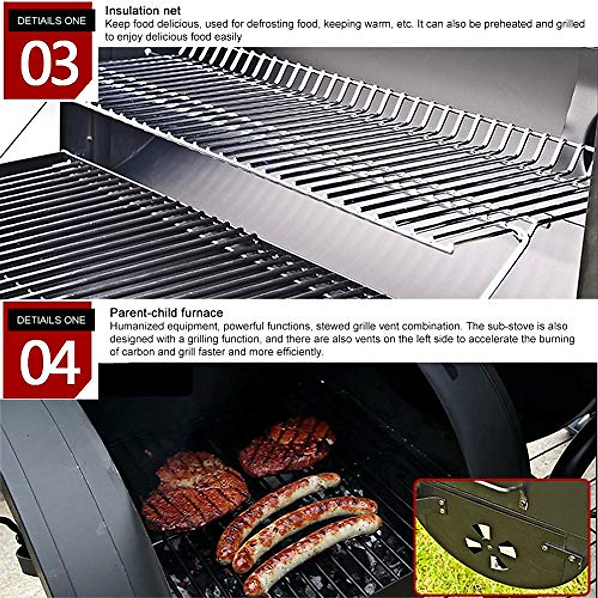 RJMOLU BBQ Grill Charcoal Barbecue Grill Home Meat Cooker Smoker with Offset Smoker and Fold-Down Shelf, Outdoor Picnic Camping Garden Roaster for 8-12 People,A