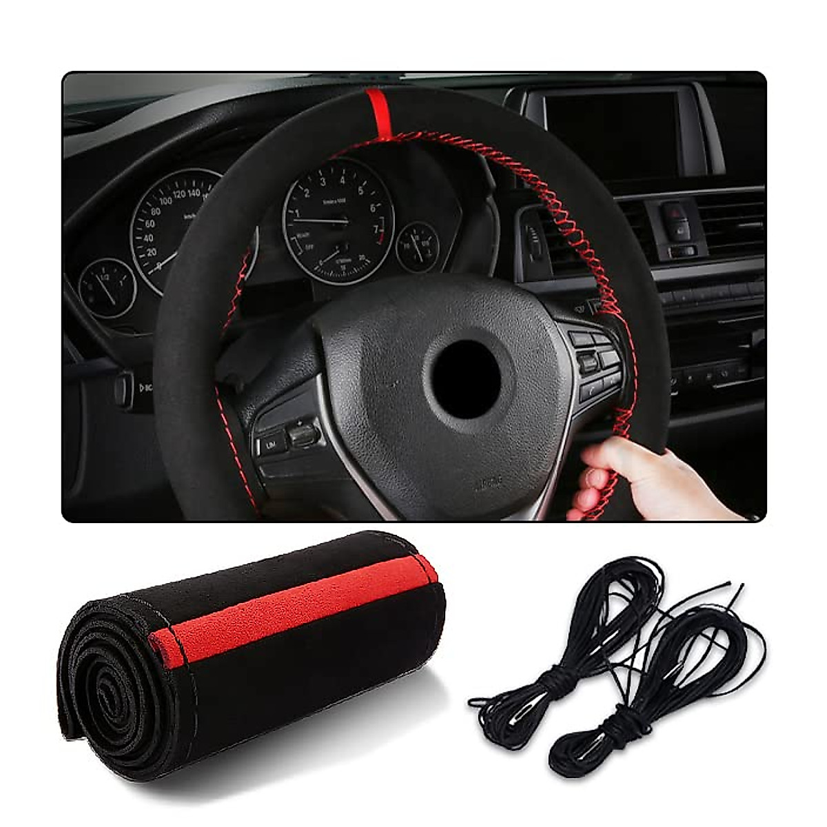 AUCELI Car Steering Wheel Cover, 15 Inch Durable Genuine Leather Stitch On Wrap Steering Wheel Protector for Women Men, Universal Auto Interior Accessories Suitable for Most Models