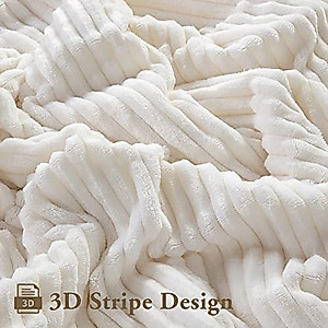 LBRO2M Striped Sherpa Fleece Bed Blanket Queen Size, Super Soft Fuzzy Plush Warm Cozy Fluffy Microfiber Couch Throw Velvet Double Reversible Luxurious Blankets (90x90),Ivory