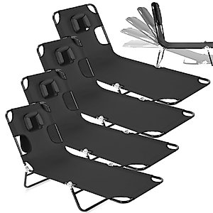 Beeveer 4 Pack Folding Beach Lounger Sunbathing Chair Heavy Duty Tanning Chair with Face Hole Adjustable 5 Position Folding Chairs, Backpack Straps for Patio Pool Lawn Deck (Black, Black)