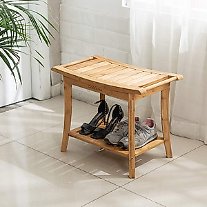 OasisSpace Bamboo Shower Bench, 24" Waterproof Shower Chair with Storage Shelf, Wood Spa Bath Organizer Seat Stool, Perfect for Indoor or Outdoor