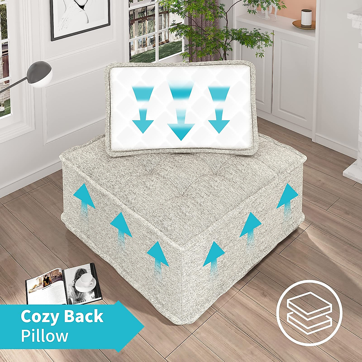 CECER Modular Sectional Sofa, Armless Floor Sofa Couch, Convertible Sofa Bed, Oversized Variable Sectional Sofa Couches for Living Room, Free Combination 2 PC, Beige