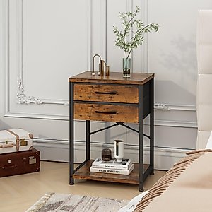 TigerDad Tall Nightstand, Side Table with Fabric Storage Drawer, End Table with Open Shelf, Sofa Bedside Table for Small Space, Nightstand for Bedroom, Rustic Brown