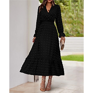 BTFBM Women Fall Dresses 2025 Long Sleeve V Neck Swiss Dots Maxi Dress Boho Long Dress High Waisted A-Line Ruffle Dress(Solid Black,Large)