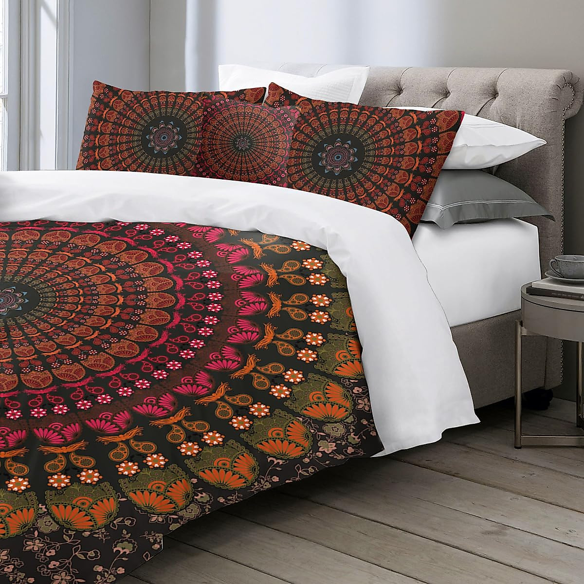 Sleepwish 4pcs Bohemian Duvet Cover Set Full Size for Kids Boys Girls Soft Paisley Black Orange Mandala Bedding Set, 1 Duvet Cover 2 Pillowcases 1 Cushion Cover