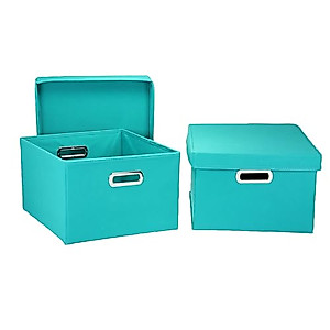 Household Essentials Fabric Storage Boxes with Lids and Handles, Aqua