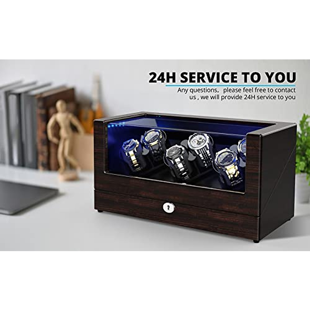 TRIPLE TREE Watch Winder, for Rolex Automatic Watches with Soft and Flexible Watch Pillows, Wooden Shell, Powered by Japanese Motor, Built-in Blue LED Illuminated
