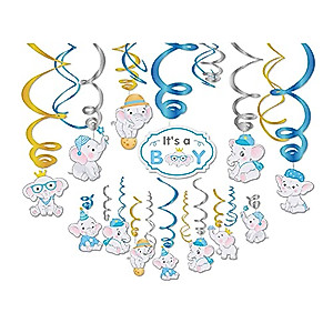 Kristin Paradise 30Ct Blue Elephant Baby Shower Hanging Swirl Decorations, Little Peanut Party Supplies, Boy Birthday Theme Decor, Bday 1st Favors Idea