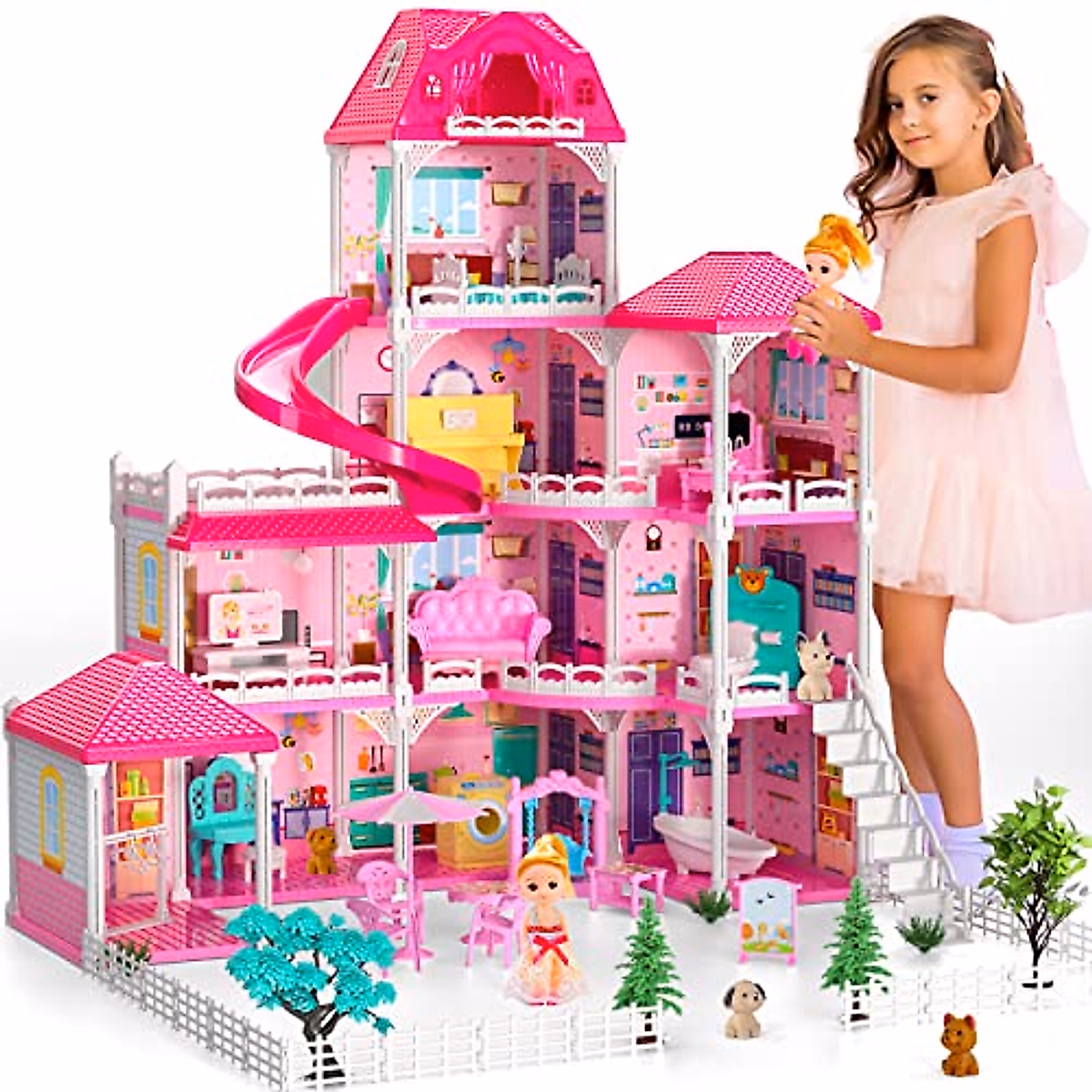 Doll House, Dream House Furniture Pink Girl Toys, 4 Stories 10 Rooms Dollhouse with 2 Princesses Slide Accessories, Toddler Playhouse Gift for for 3 4 5 6 7 8 9 10 Year Old Girls Toys
