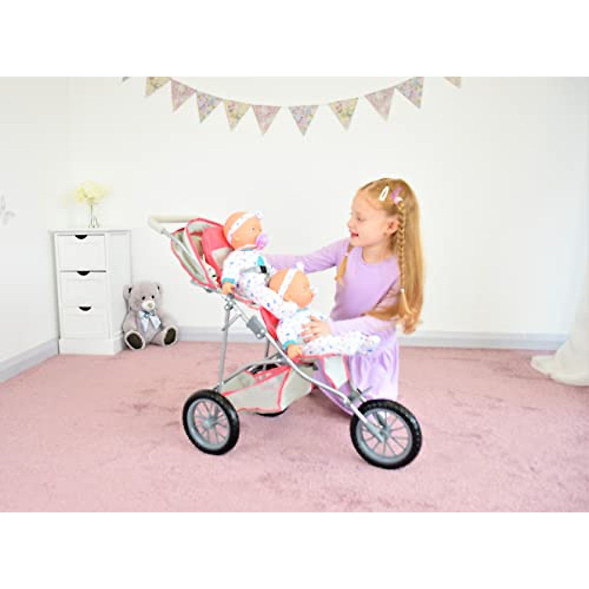 KOOKAMUNGA KIDS Baby Doll Stroller Deluxe Double | Foldable Twin Jog Pram | Retractable Canopy | Premium Pink & Gray Fabric | Soft Grip Handle | Storage Basket Underneath