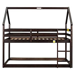 House Bunk Bed Twin Over Twin Floor/Low Bunk Bed Frame Wood Convertible Bunk Loft Beds for Kids Boys Girls Teens, Espresso