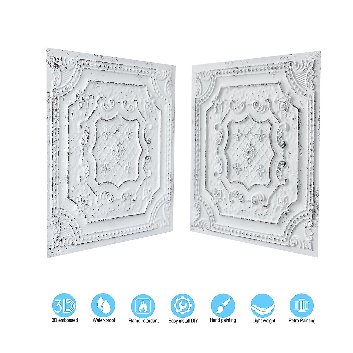 PAINTSDECOR Faux Tin Painting Panel Embellished Ceiling Tiles for Cafe Club Salon Hotel Store Bar 2'x2' PL04 Distress Crack White Black