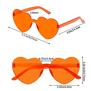 Fengek 6 Pcs Heart Shape Sunglasses Frameless Transparent Glasses Party Favors for Girls, Women, Orange