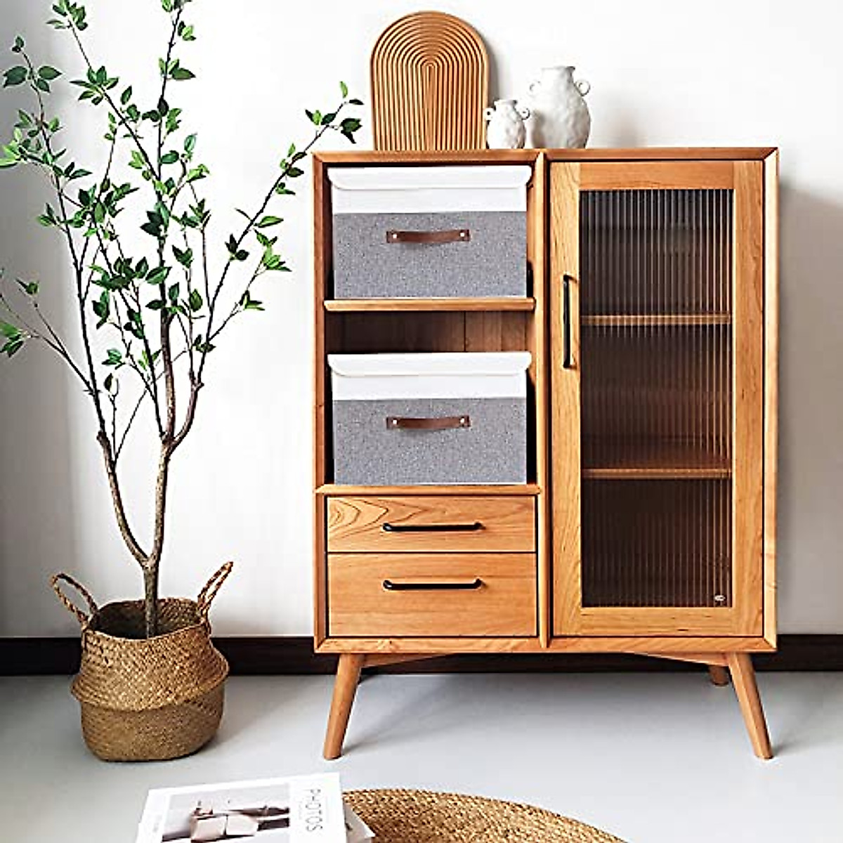 OUTBROS Foldable Storage Boxes with Lids,Large Linen Fabric Foldable Storage Boxes Organizer,Closet Organizers for Clothes Storage, Office Storage 15 x 9.8 x 9.8 inch,White/Grey,4-Pack