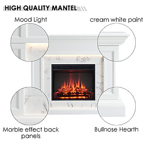LegendFlame Fireplace Suite Sheraton, 48 Inch Mantel Surround, Cream White with Snow White Marble Finish, with 23 Inch Electric Fireplace Insert, 750W/1500W, Weekly Timer, Mood Light, Remote Control