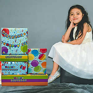 Dtiafu Birthday Wrapping Paper for Boys Girls Kids - Blue Glitter Gift Wrap with Happy Birthday Rainbow Balloons Hats - 20inch x 28inch Per Sheet(8 Sheets Folded Flat)