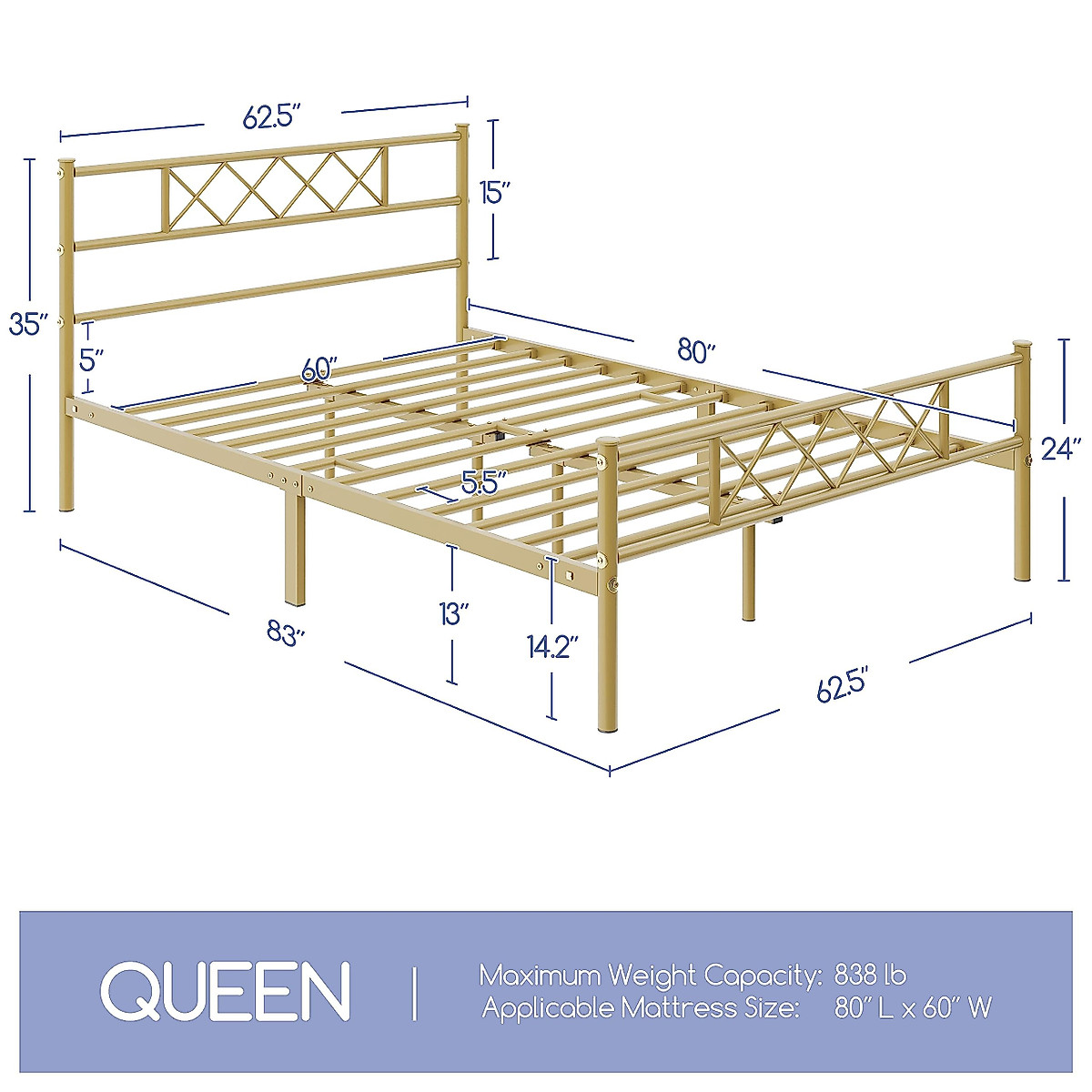 Yaheetech Queen Size Metal Platform Bed Frame Mattress Foundation with Headboard and Footboard No Box Spring Needed Under Bed Storage Steel Slats Antique Gold