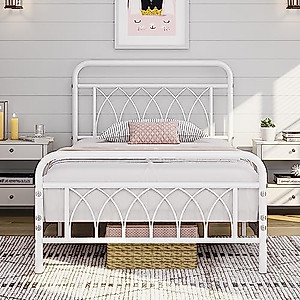Yaheetech Twin Bed Frame Metal Platform Bed with Petal Accented Headboard/Footboard/14.4 Inch Under Bed Storage/No Box Spring Needed, White