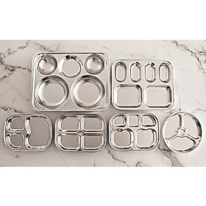 Korean Stainless Steel Divided Round Plates, Little Kids Toddlers Babies Tray, BPA Free, Diet Control, Camping Dishes, 8 Inch Compact Serving Platter, 3 Compartment Plate, Set of 2