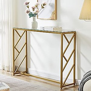 Console Table,Narrow Sofa Table,Glass Console Table Mirrored Console Table Entryway Hallway Table with Golden Metal Frame and Adjustable Feet,Entrance Table for Living Room,Foyer 41.7x11.8x30.7 inch
