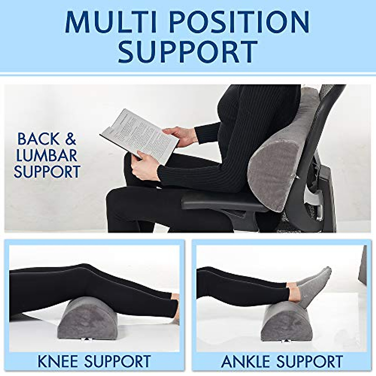 AllSett Health Large Half Moon Bolster Pillow for Legs, Knees, Lower Back and Head, Lumbar Support Pillow for Bed, Sleeping | Semi Roll for Ankle and Foot Comfort - Machine Washable Cover, Grey