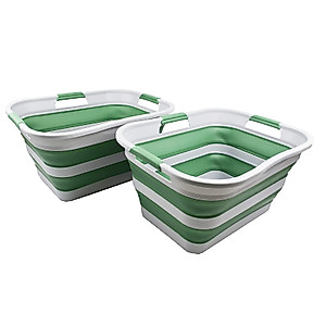 SAMMART 30L(8 gallon) Collapsible Plastic Laundry Basket-Foldable Pop Up Storage Container/Organizer-Portable Washing Tub-Water capacity: 24L(6.3 gallon) (Grey/Dark Sea Green (Set of 2))