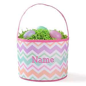 Personalized Chevron Bucket Bag with Custom Name | Orange and Pink Stripped Easter Bag with Handle | Soft Egg Basket for Kids | Customized Easter Basket | Great for Easter Egg Games