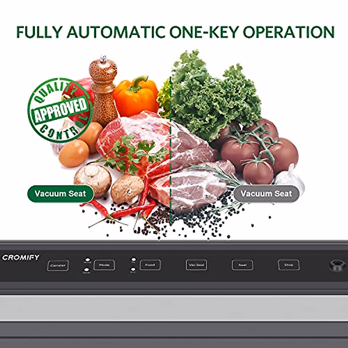 Cromify Vacuum Sealer Machine, Fully Automatic Food Vacuum Sealer Machine, Up To 100 Consecutive Seals, 8-in-1 Presets Starter Kit, Detachable Easy to Clean, Dry & Moist Food Modes Compact Design Black