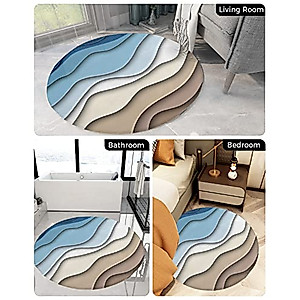 Blue White Brown Round Area Rug 3ft,Washable Outdoor Indoor Carpet Runner Rug for Bedroom,Kitchen,Bathroom,Living Room,Abstract Modern Ocean Seawaves Geometry Art Area+Rug Small Bath Door Desk Mat