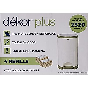 DEKOR Plus Diaper Pail Refills | 4 Count | Most Economical Refill System | Quick & Easy to Replace | No Preset Bag Size – Use Only What You Need | Exclusive End-of-Liner Marking | Baby Powder Scent