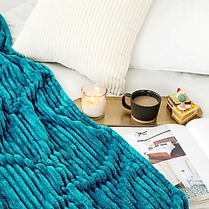 MIULEE Fleece Throw Blanket for Couch 300GSM Super Soft Lightweight Plush Striped Blanket, Teal Blue Warm Cozy Breathable Ribbed Blanket for Bed/Sofa, Throw Size 50"x60", Turquoise