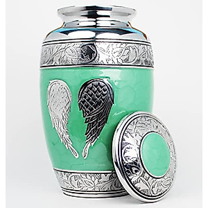 Wood Carving International Angel Wings Urns for Ashes - Decorative Human Adult- Burial cremated remains Funeral Urn Cremation Adult Male & Female with Velvet Bag (Green), Large