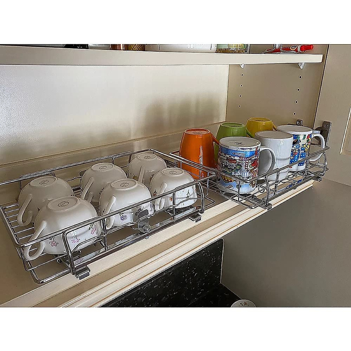 FILTREN Set of 2 Large Pull Out Organizer, Expanding Sliding Cabinet Drawer with Black Liners 30x20x4 in.