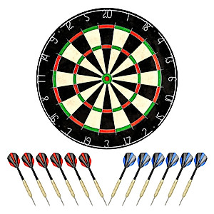 LinkVisions Sisal/Bristle Dartboard with Staple-Free Bullseye 17.8” x1.5 and 12 Steel Tip Darts 18g, Dartboard Mounting Kits Included