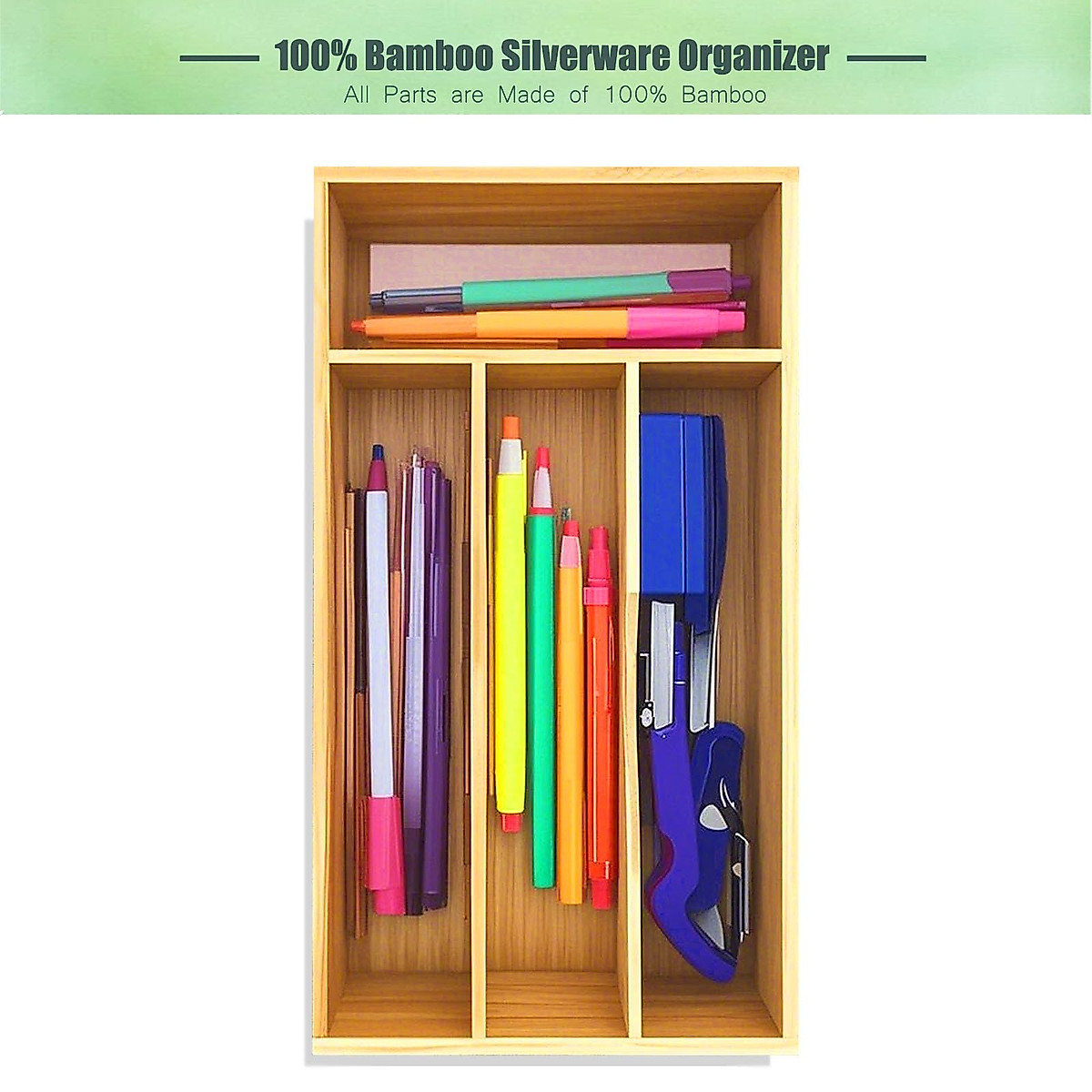 guiogc Bamboo Kitchen Drawer Silverware Organizer, 7 Inch Silverware Utensils Tray Holder for Small Drawer, Wood Caddy for Flatware Cutlery Knives 4-Slots