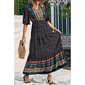 PRETTYGARDEN Women's Casual Summer Boho Floral Print Dress V Neck Short Sleeve High Waist Long Maxi Beach Dresses (Black Floral,Medium)