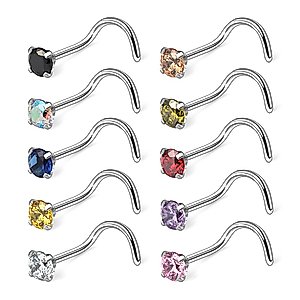 Ruifan 10PCS 18G Surgical Steel Mix Color Diamond CZ Nose Stud Rings Screw Piercing Jewelry 3mm